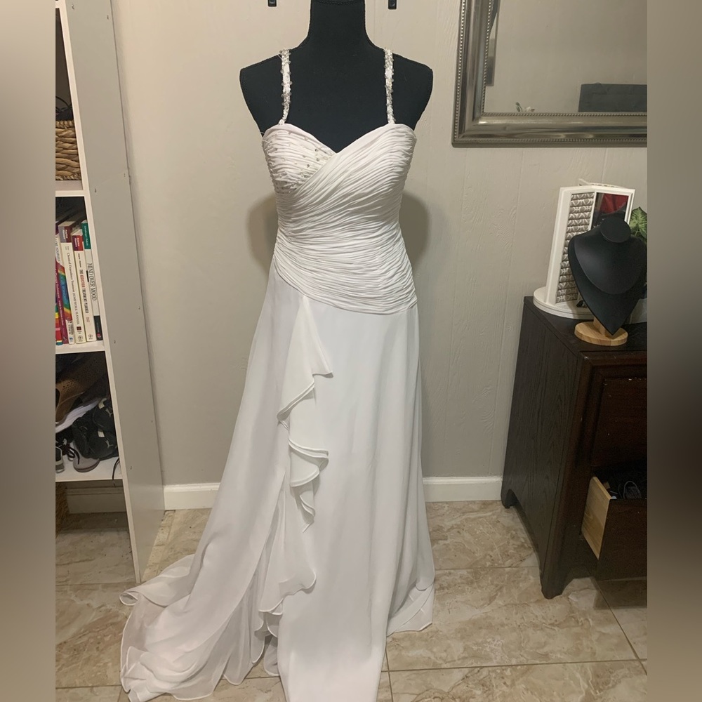 Landa White Chiffon Strapped Prom/Wedding Ball Gown - Gem